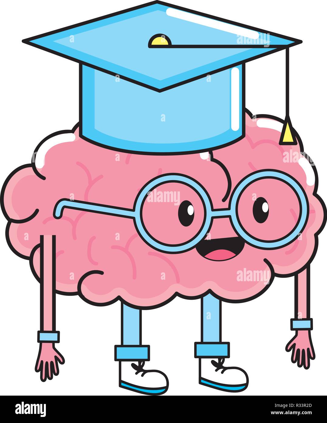 cute brain with graduation cap and glasses cartoon vector illustration ...