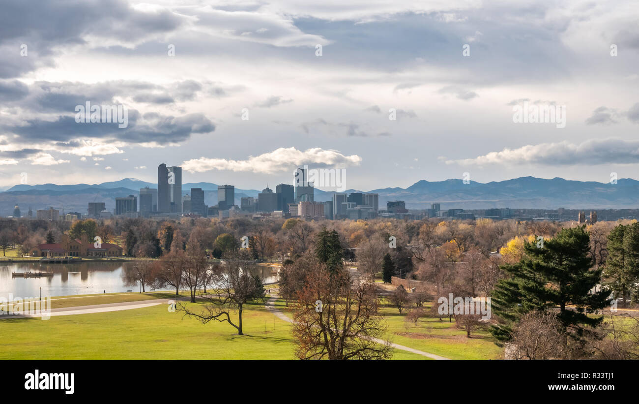 Sun Shining on Fall Color Trees With Downtown Denver in the Background ...