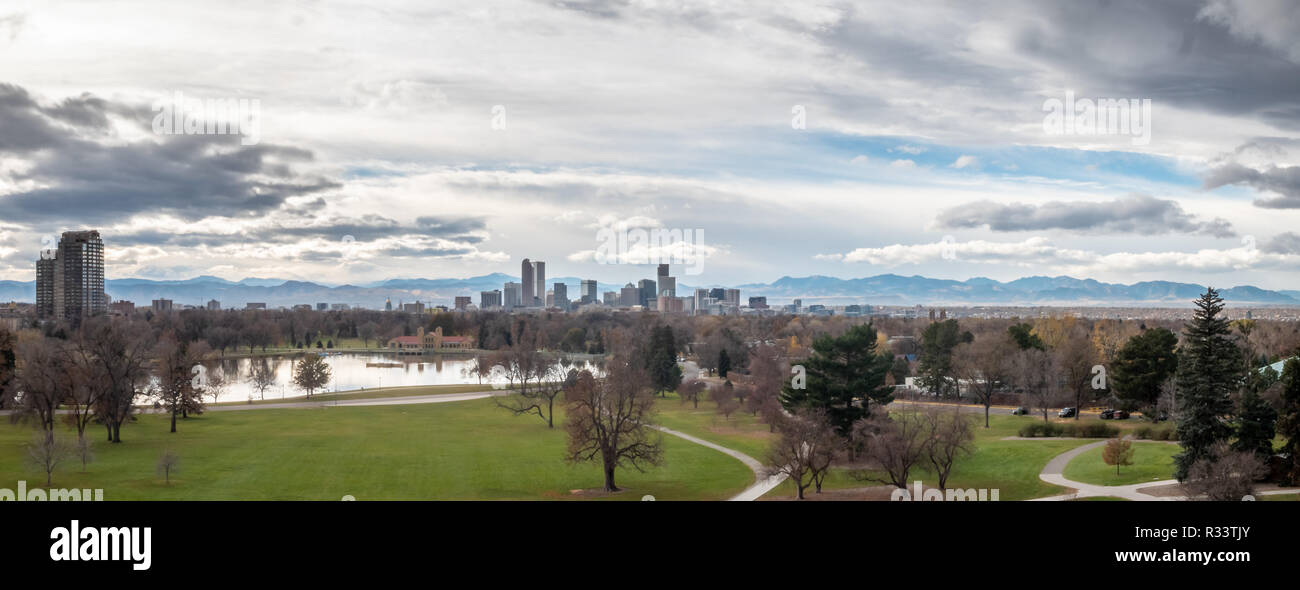 Panoramic VIew of Downtown Denver Skyline From Large Green Park Stock ...