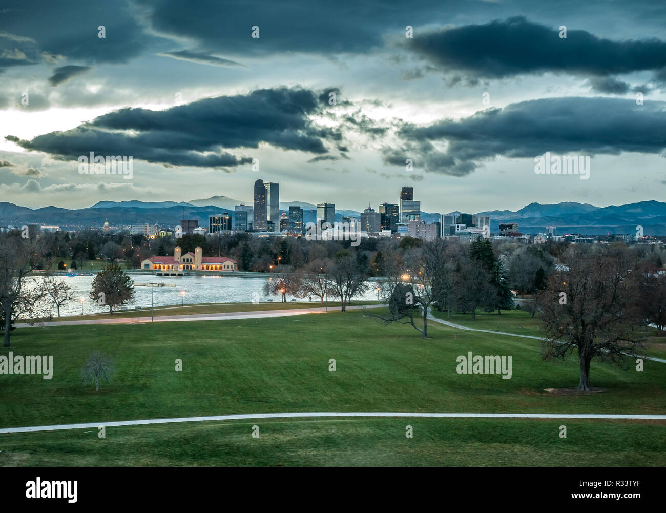 Downtown Denver Building At Night With Storm Clouds in the Sky Stock ...