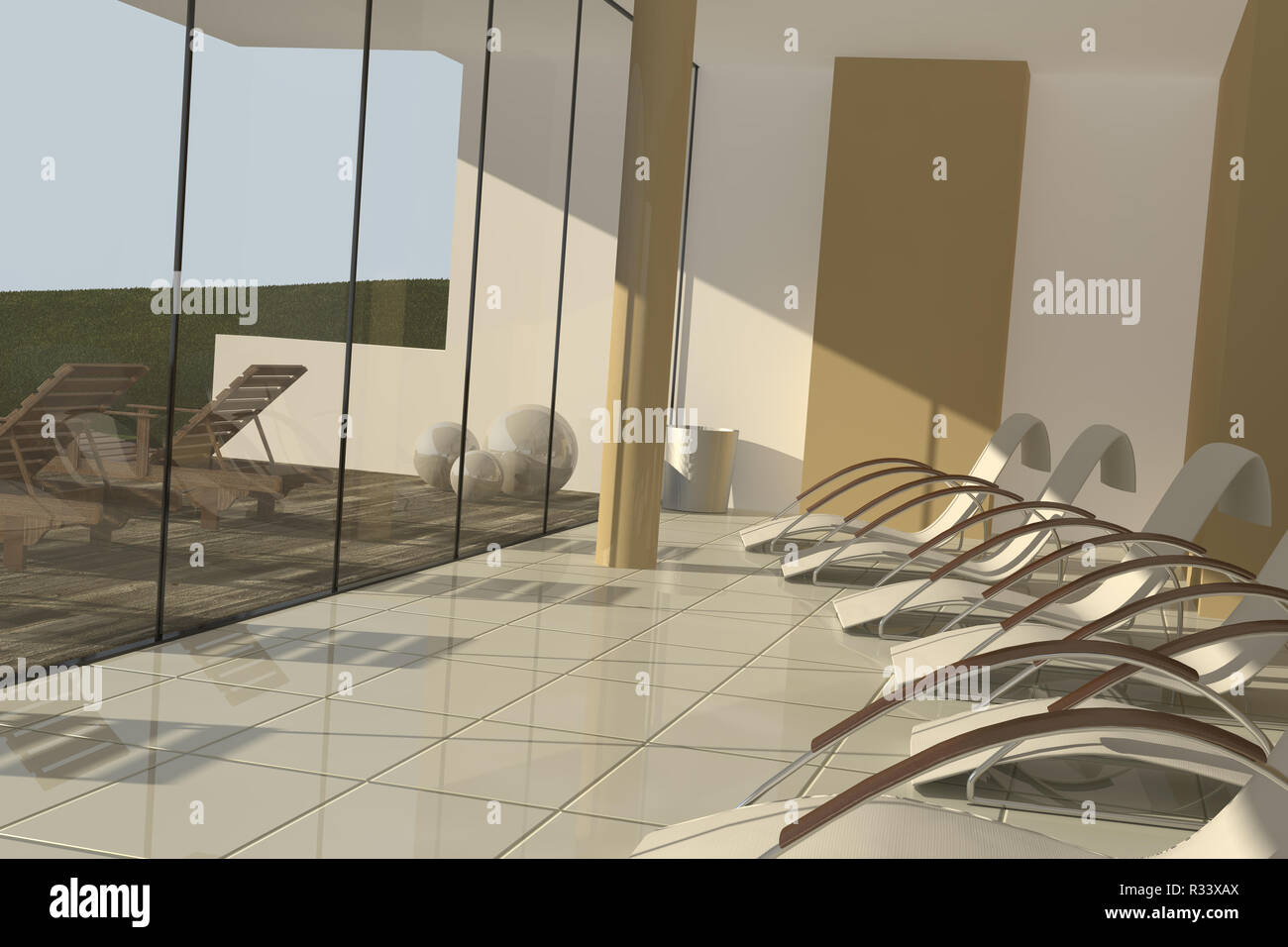 indoor sundeck and lounge chairs and wall to wall windows Stock Photo ...