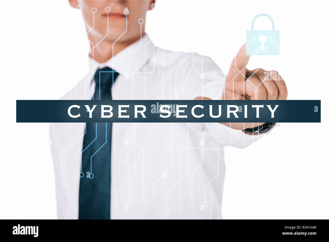 partial view of businessman pointing at cyber security sign isolated on ...