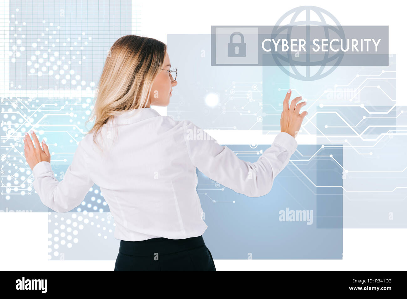 back view of businesswoman in eyeglasses pointing at cyber security ...