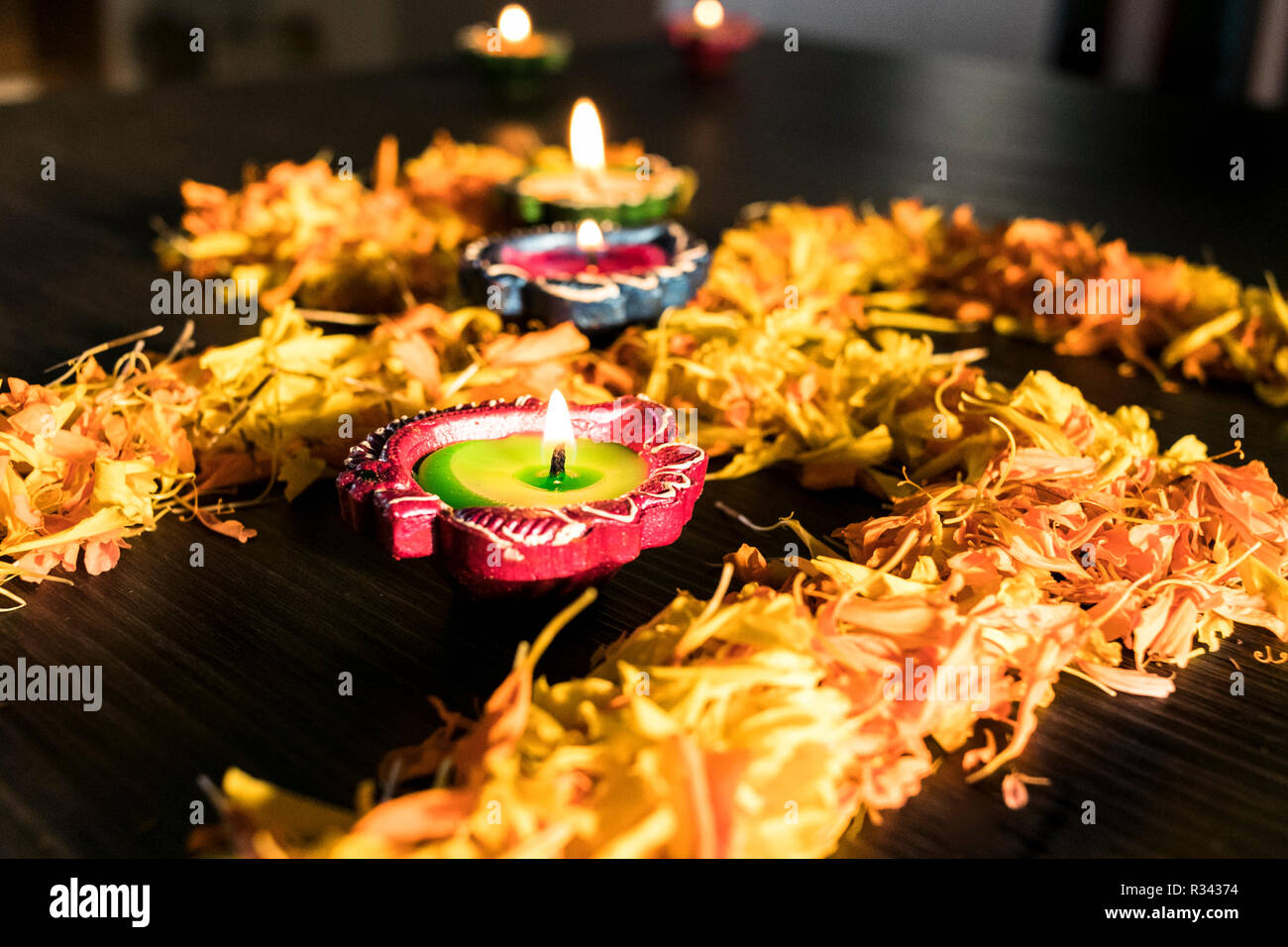 A typical view of diyas to celebrate diwali and dhanteras festival in ...