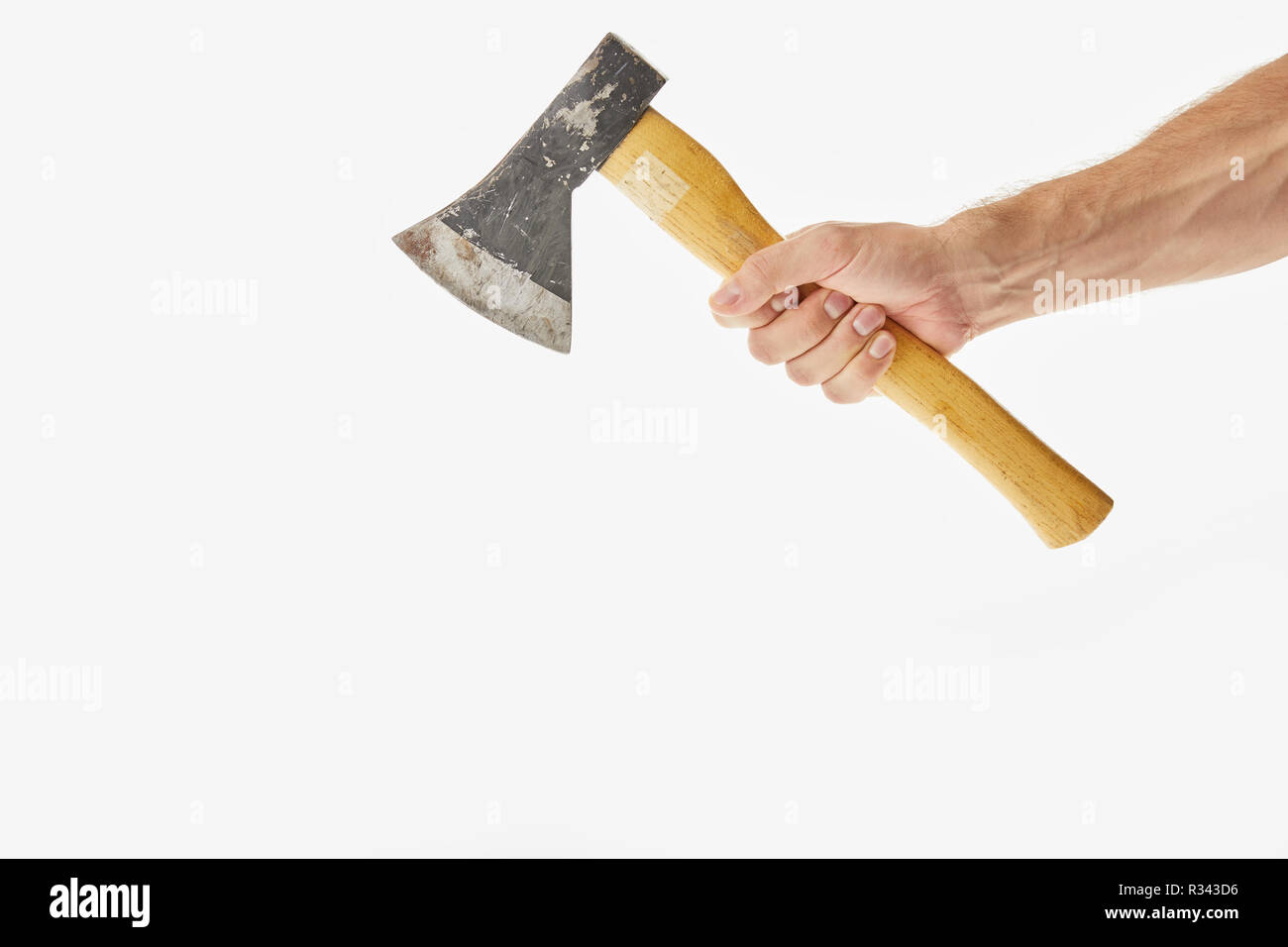 Partial view of man holding axe isolated on white Stock Photo - Alamy
