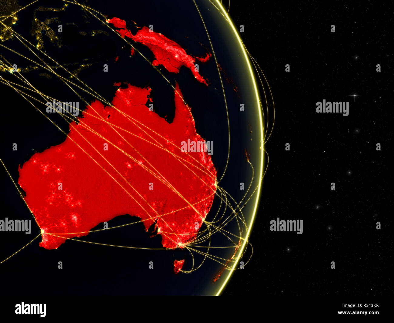 Australia on dark Earth in space with networks. Concept of internet ...