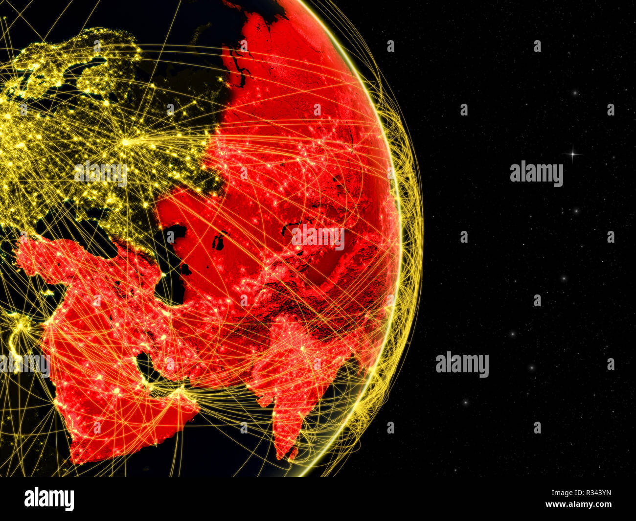 Asia on dark Earth in space with networks. Concept of internet ...