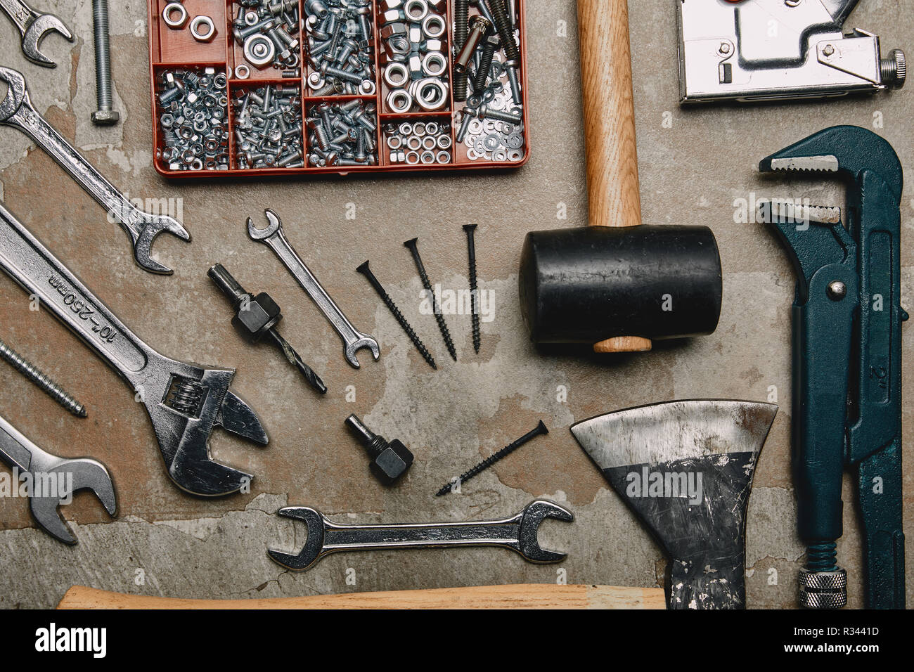 Flat lay with set of carpentry tools on old background Stock Photo - Alamy