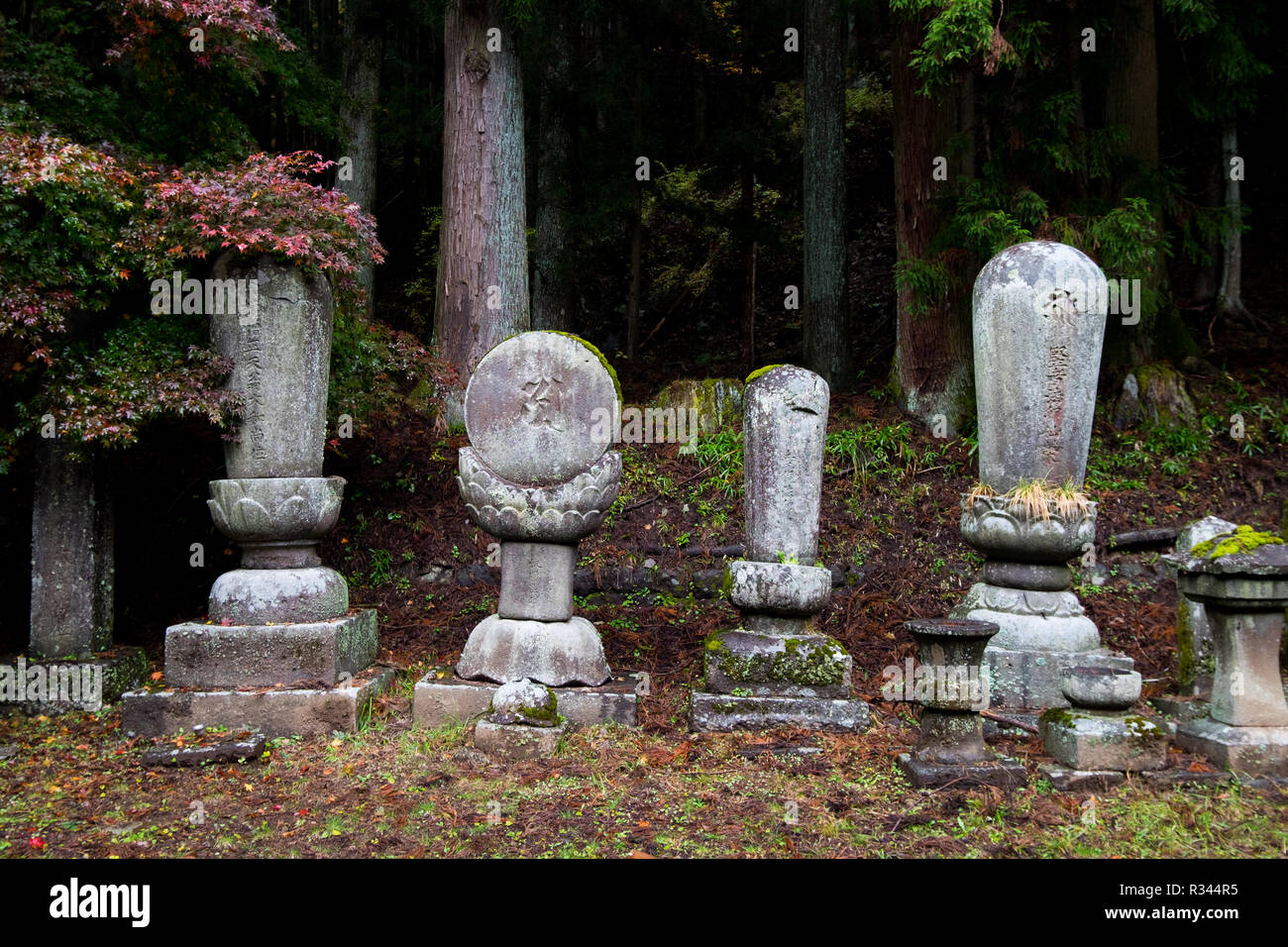 Stone shrine markers at the Tobiishi Hachiman Shrine in Nikko, Japan ...