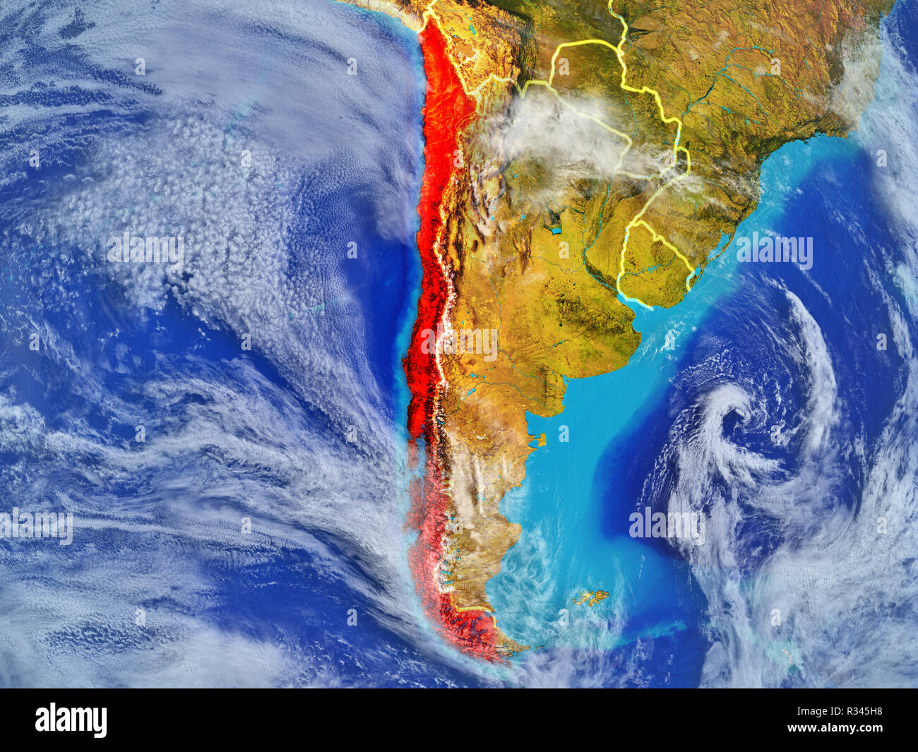 Chile from space on model of planet Earth with country borders ...