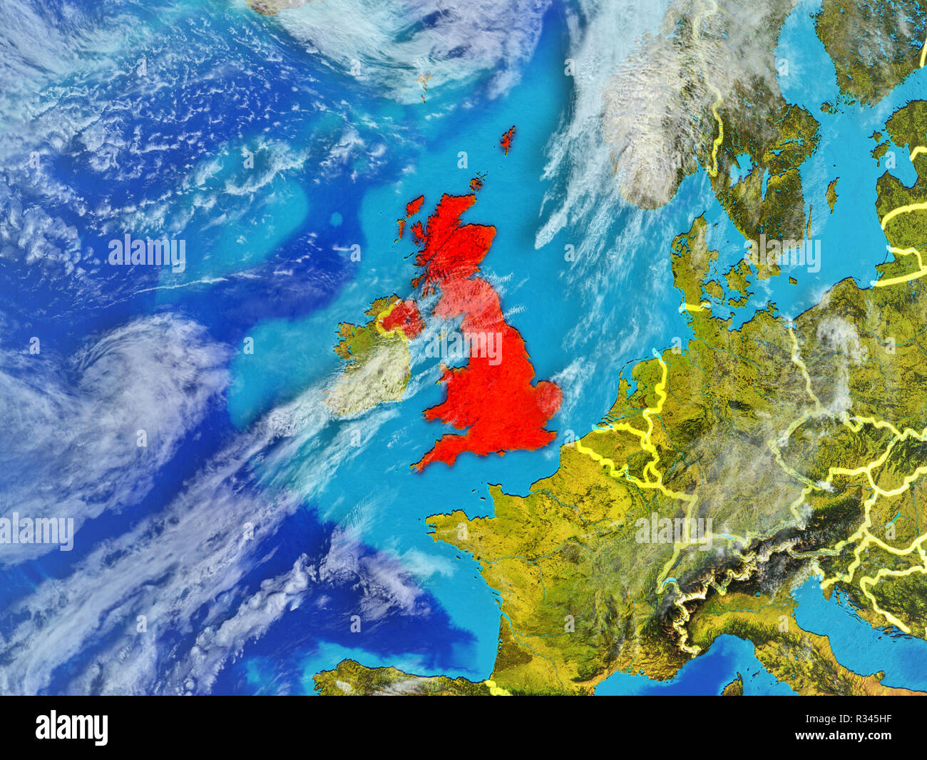 United Kingdom from space on model of planet Earth with country borders ...