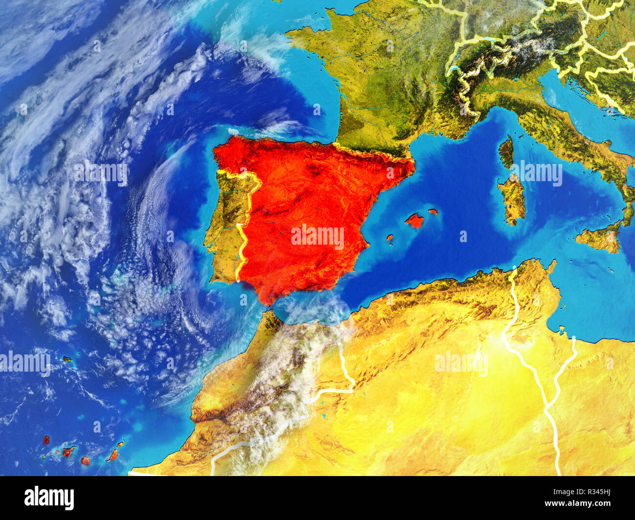 Spain from space on model of planet Earth with country borders ...