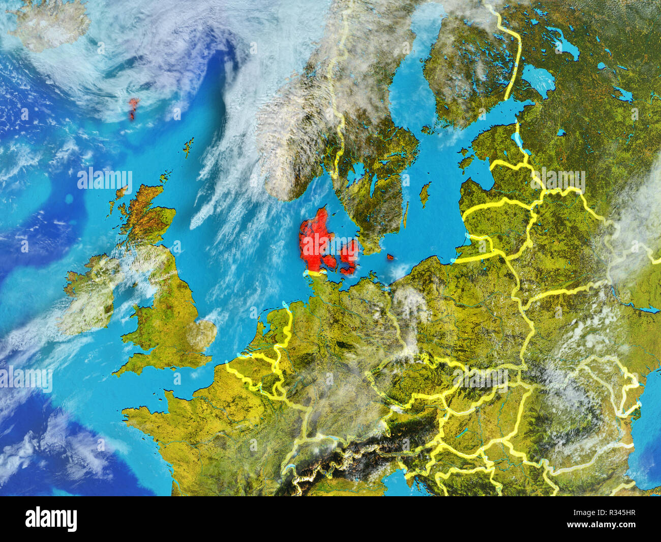 Denmark from space on model of planet Earth with country borders ...