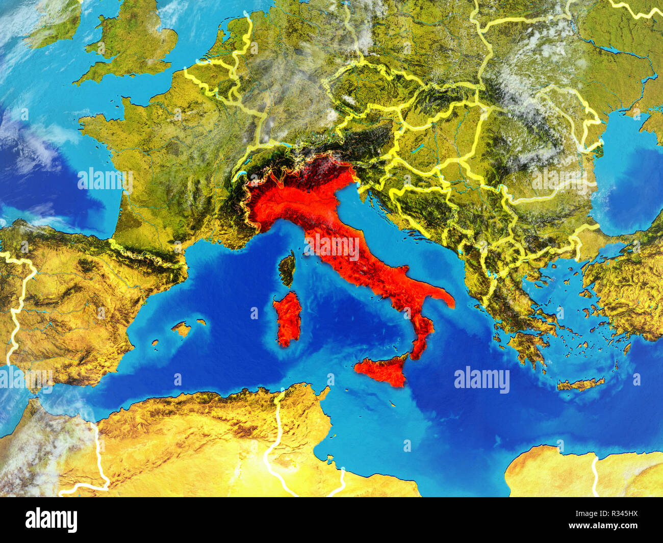 Italy from space on model of planet Earth with country borders ...