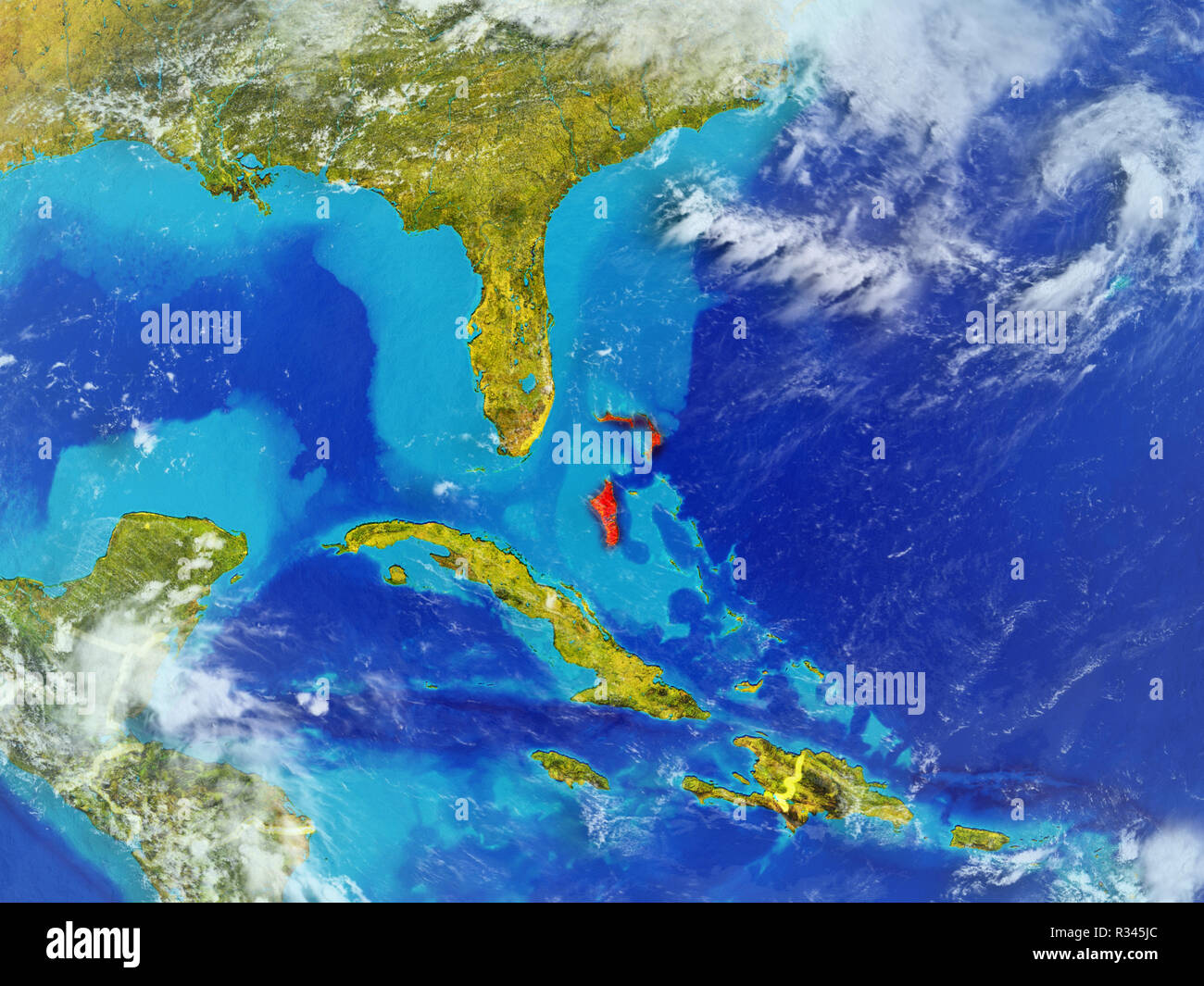 Bahamas from space on model of planet Earth with country borders ...