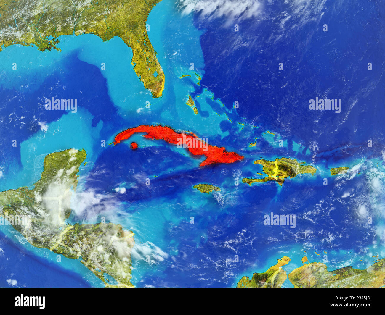 Cuba from space on model of planet Earth with country borders ...