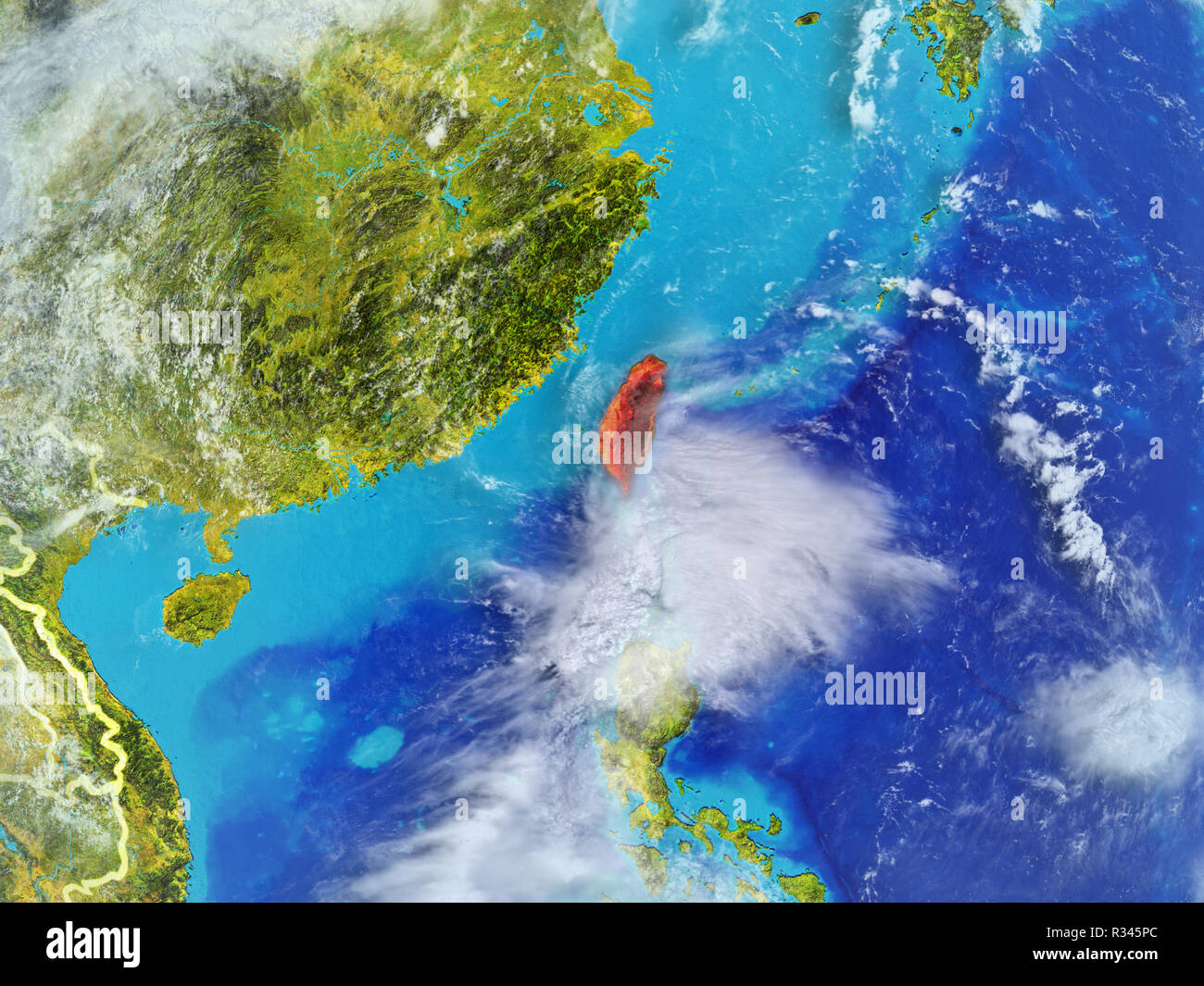 Taiwan from space on model of planet Earth with country borders ...