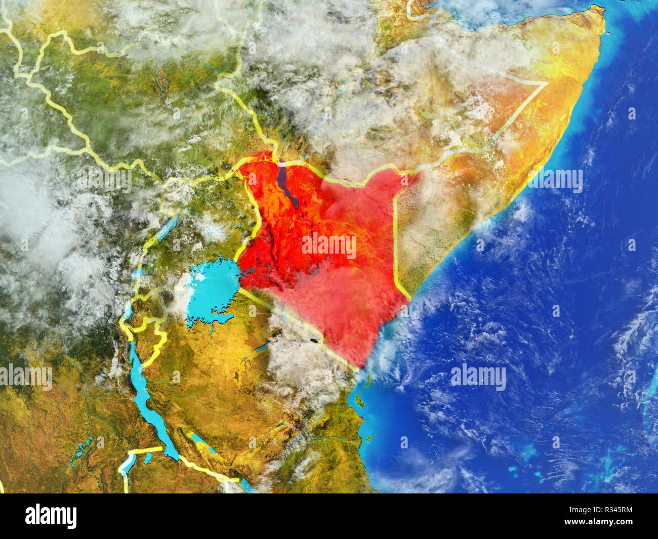 Kenya from space on model of planet Earth with country borders ...