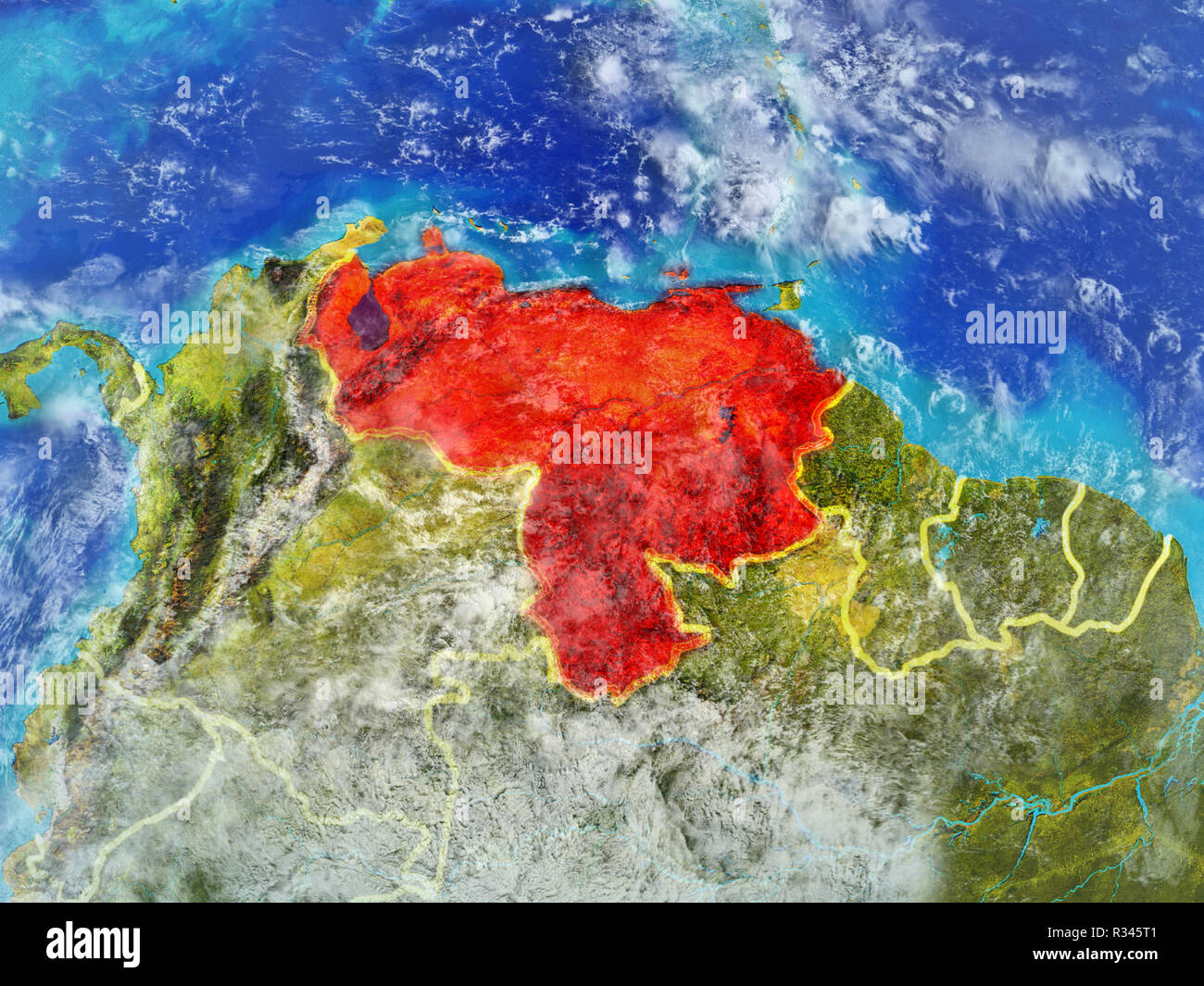 Venezuela from space on model of planet Earth with country borders ...