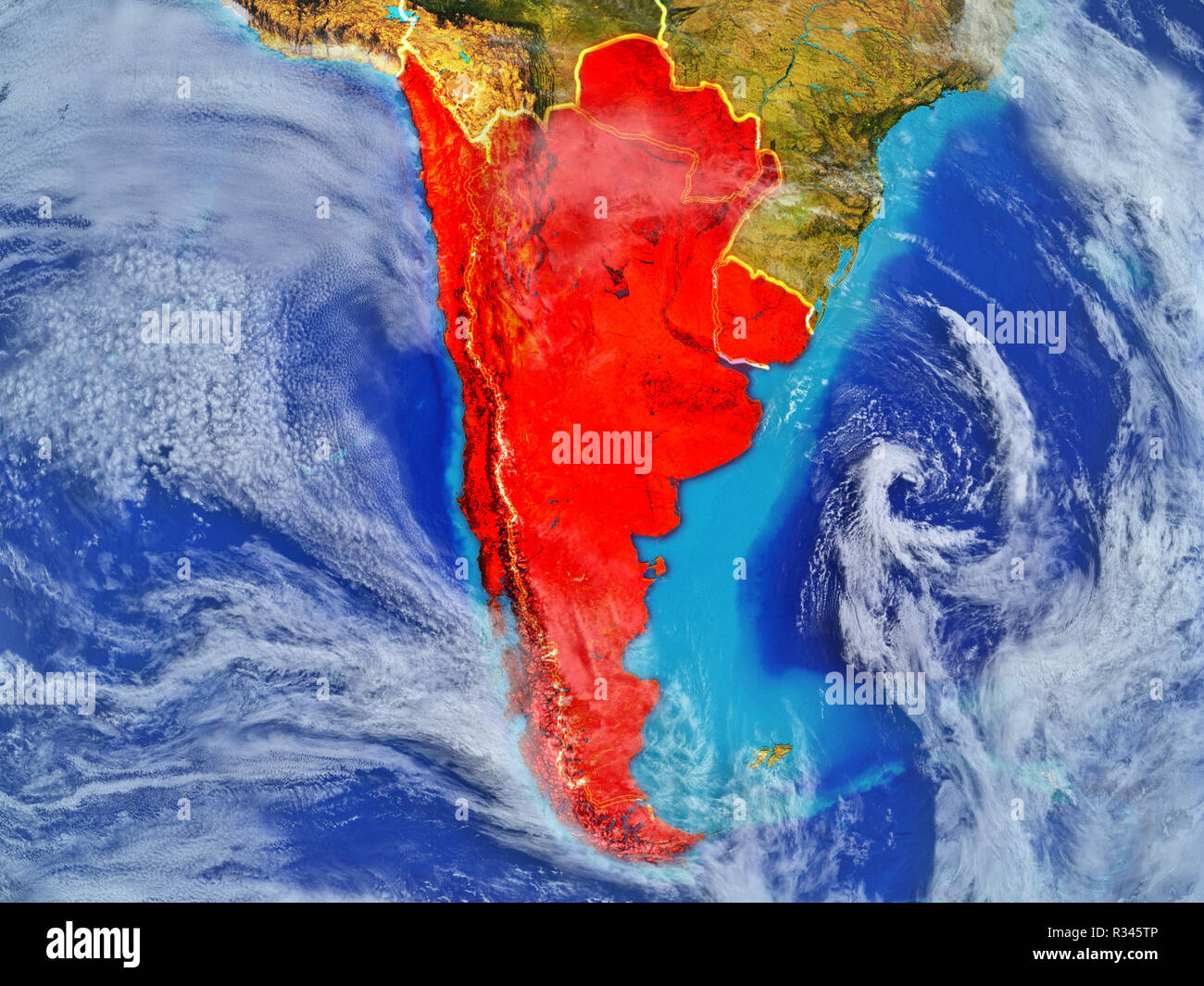 Southern Cone from space on model of planet Earth with country borders ...