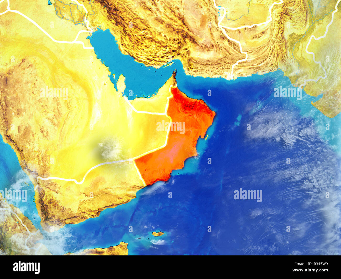 Oman from space on model of planet Earth with country borders ...
