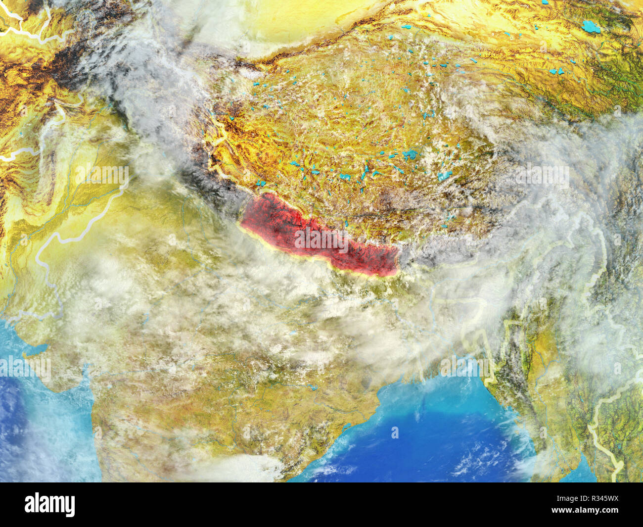 Nepal from space on model of planet Earth with country borders ...