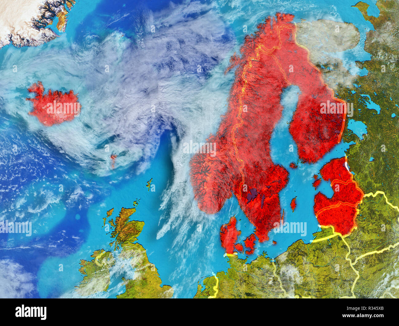 Northern Europe from space on model of planet Earth with country ...