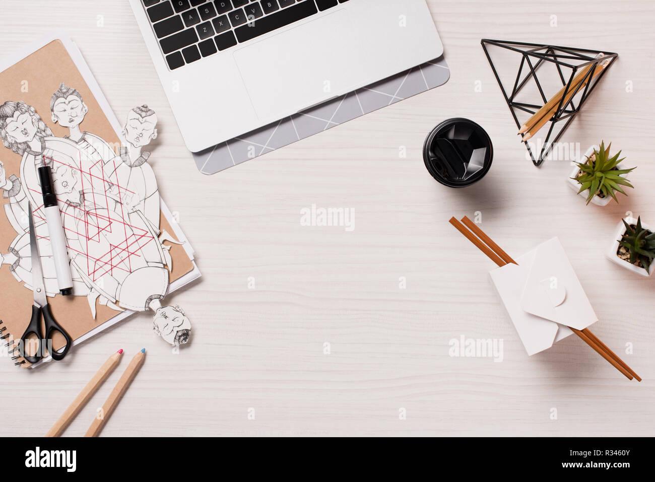 office desk with laptop, sketches and stationery, flat lay Stock Photo ...