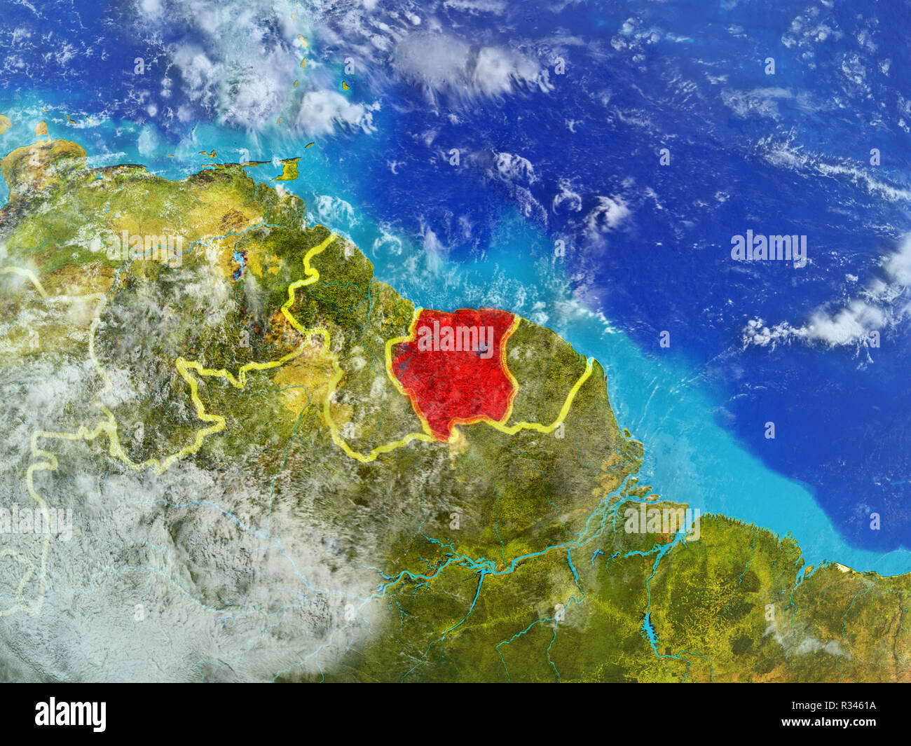 Suriname from space on model of planet Earth with country borders ...