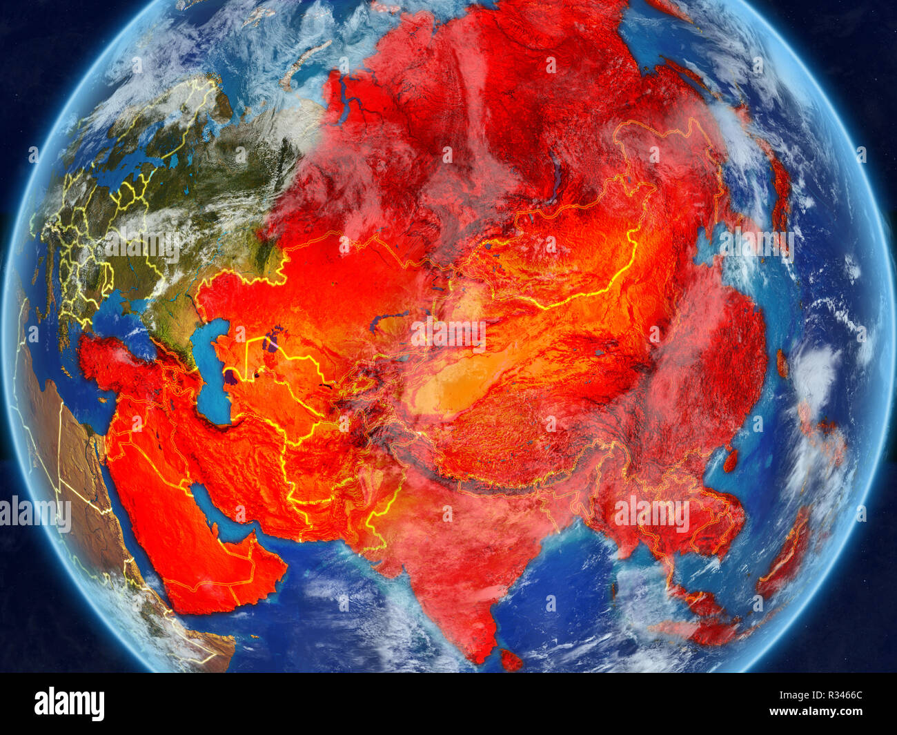 Asia from space on model of planet Earth with country borders ...