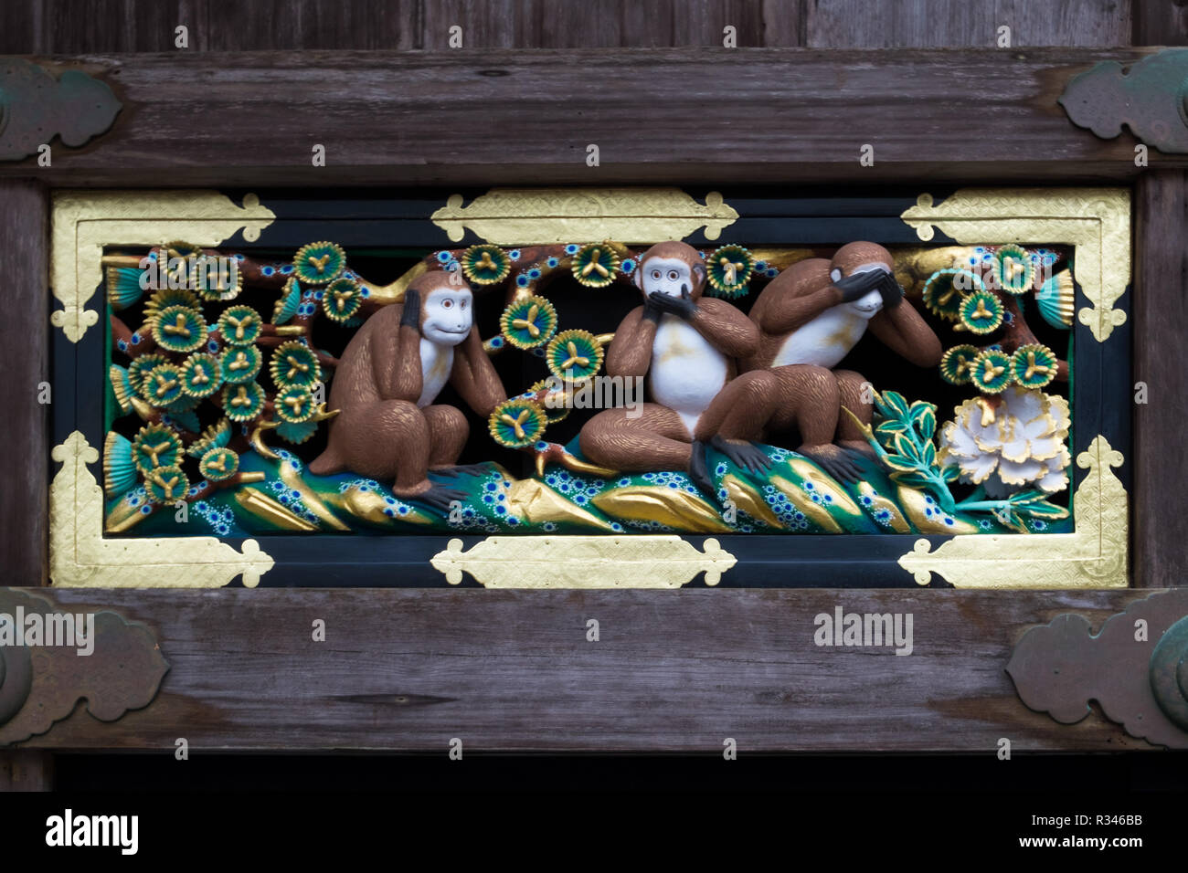 Hear,See,Speak no evil gold monkey plaque at the Toshogu area in Nikko ...