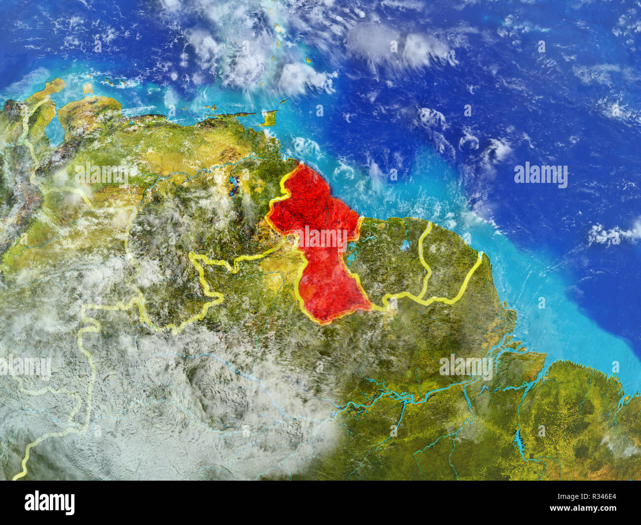 Guyana from space on model of planet Earth with country borders ...