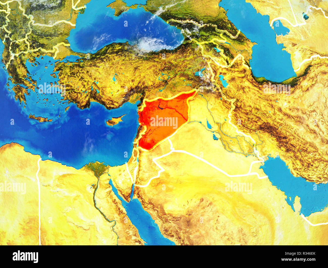 Syria from space on model of planet Earth with country borders ...