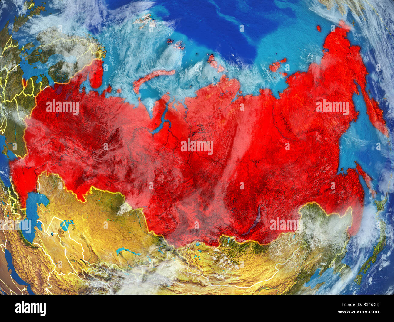 Russia from space on model of planet Earth with country borders ...