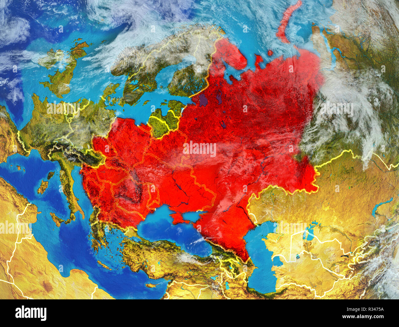 Eastern Europe from space on model of planet Earth with country borders ...