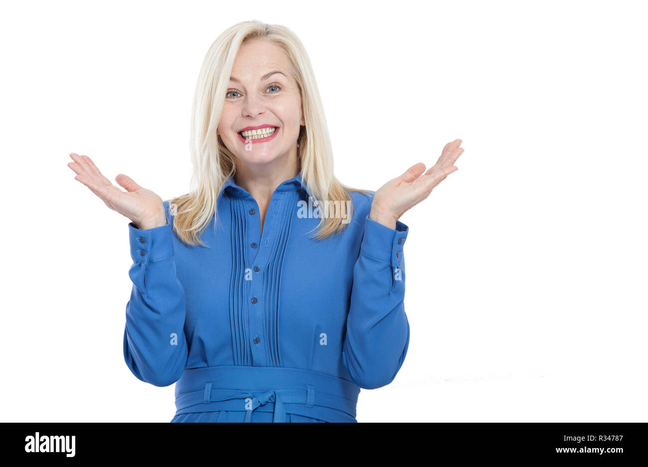 Portrait of happy middle aged woman. Surprised happy woman looking with ...