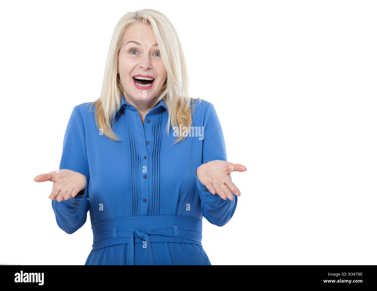 Portrait of happy middle aged woman. Surprised happy woman looking with ...