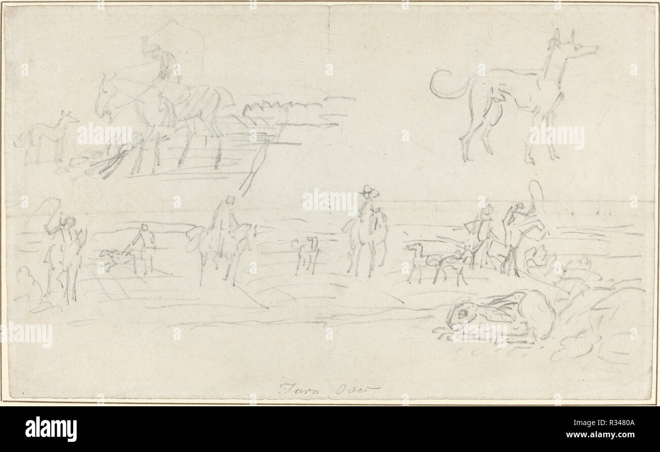 Huntsmen with Hounds and a Crouching Hare [recto]. Dimensions: overall ...