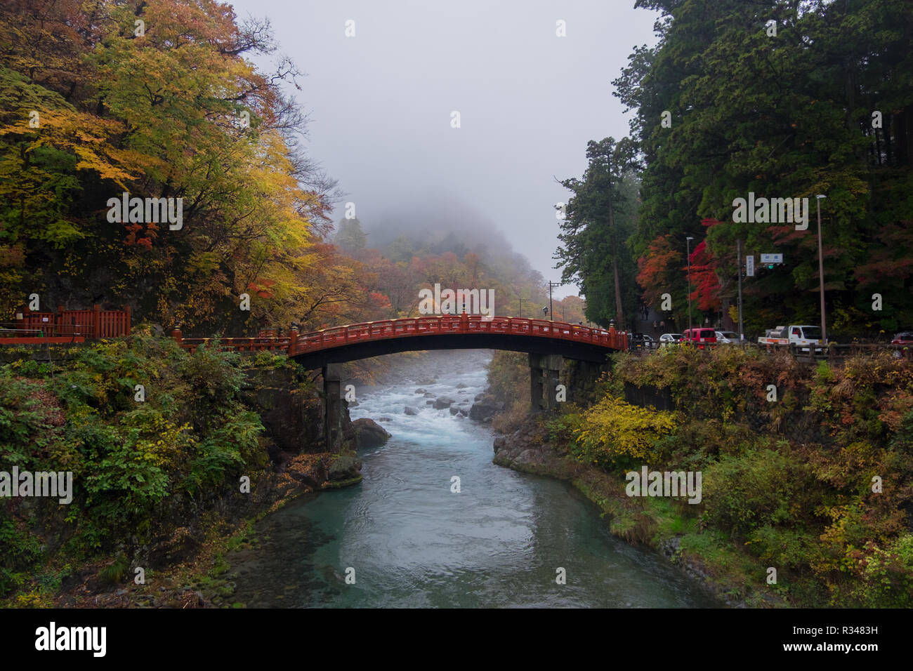 Looking at the famous Shinkyo bridge in Nikko Japan with busy traffic ...