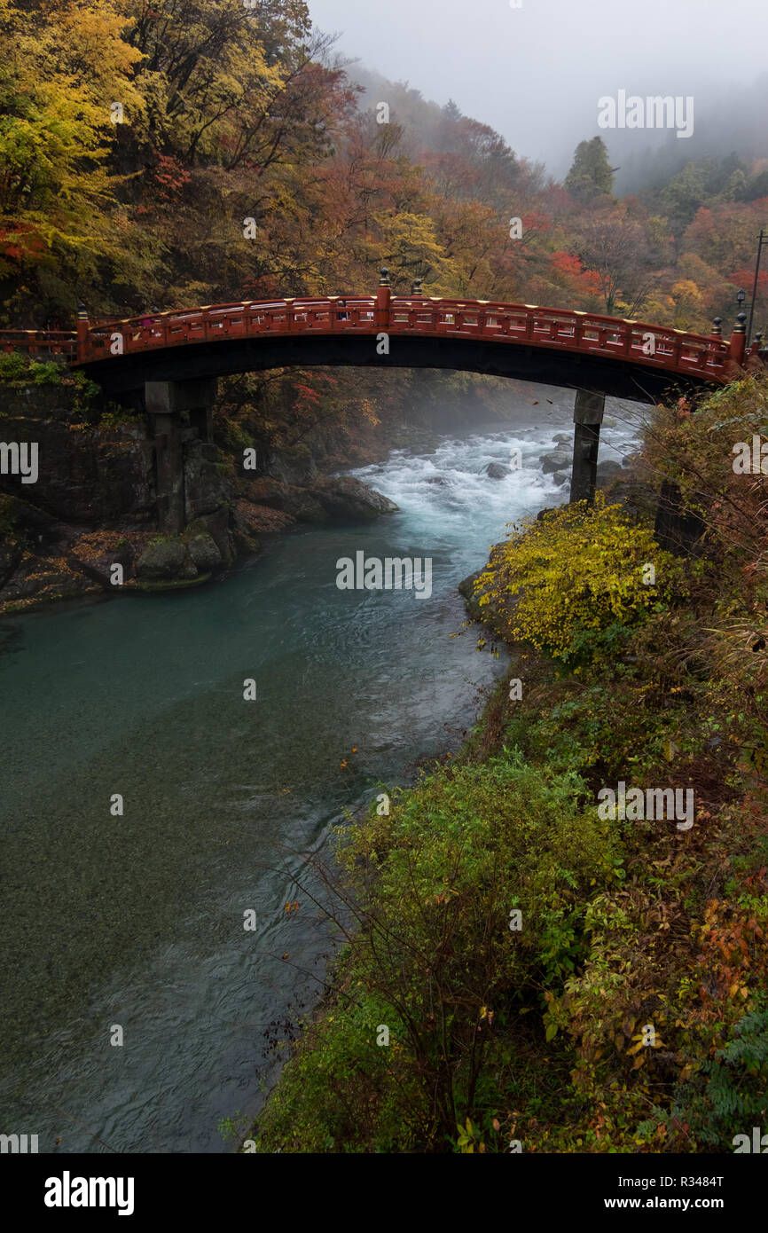 Looking at the beautiful Shinkyo bridge in Nikko, Japan on a misty ...