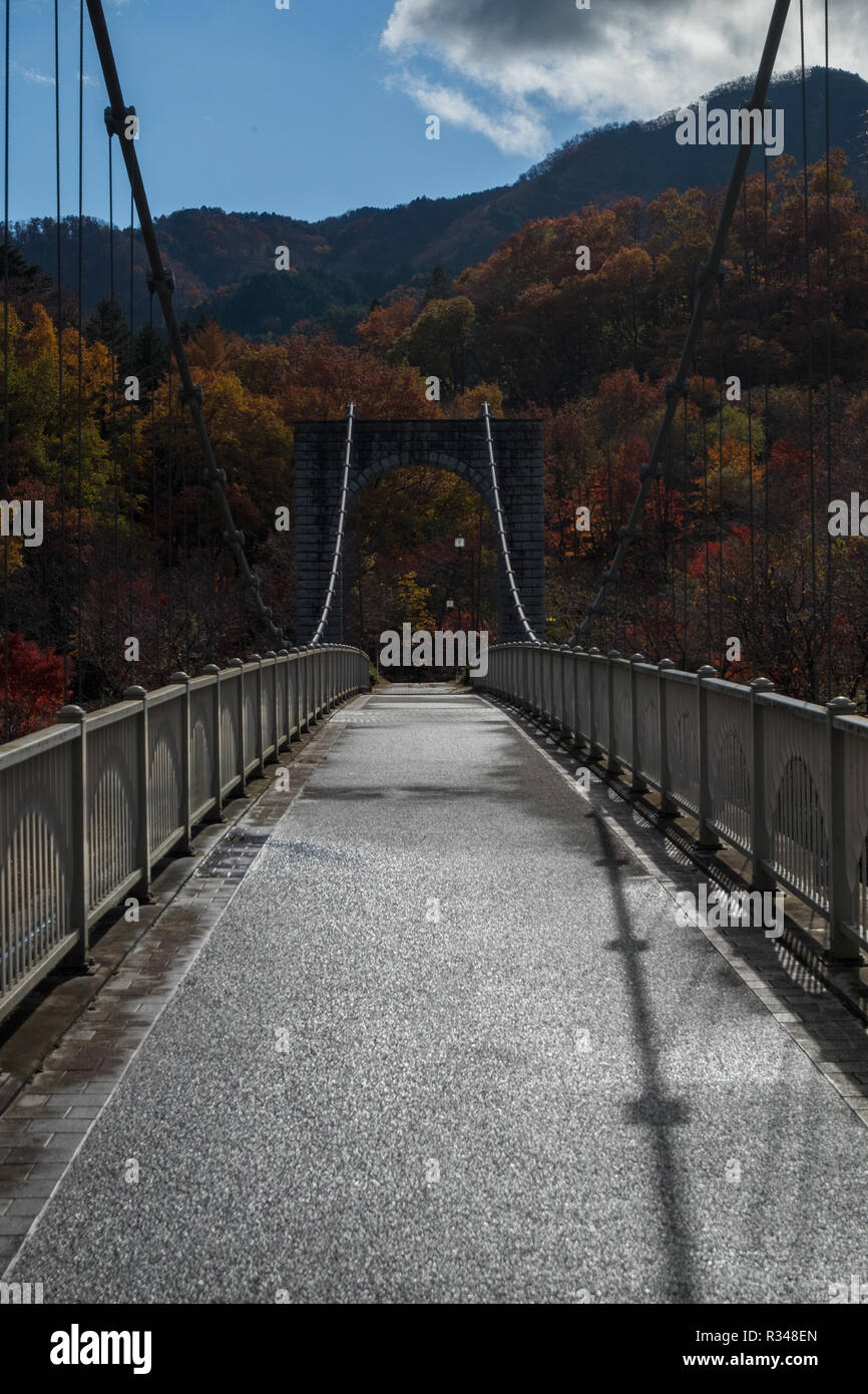 A pedestrian suspension bridge crossing the Daiya river in Nikko, Japan ...