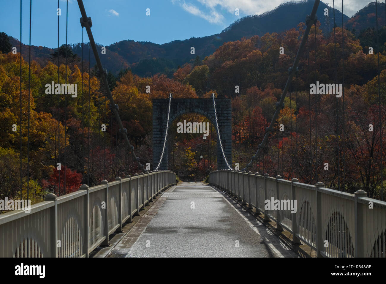 A pedestrian suspension bridge crossing the Daiya river in Nikko, Japan ...