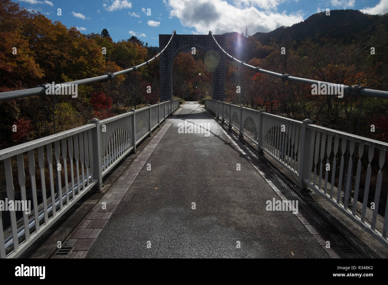 A pedestrian suspension bridge crossing the Daiya river in Nikko, Japan ...