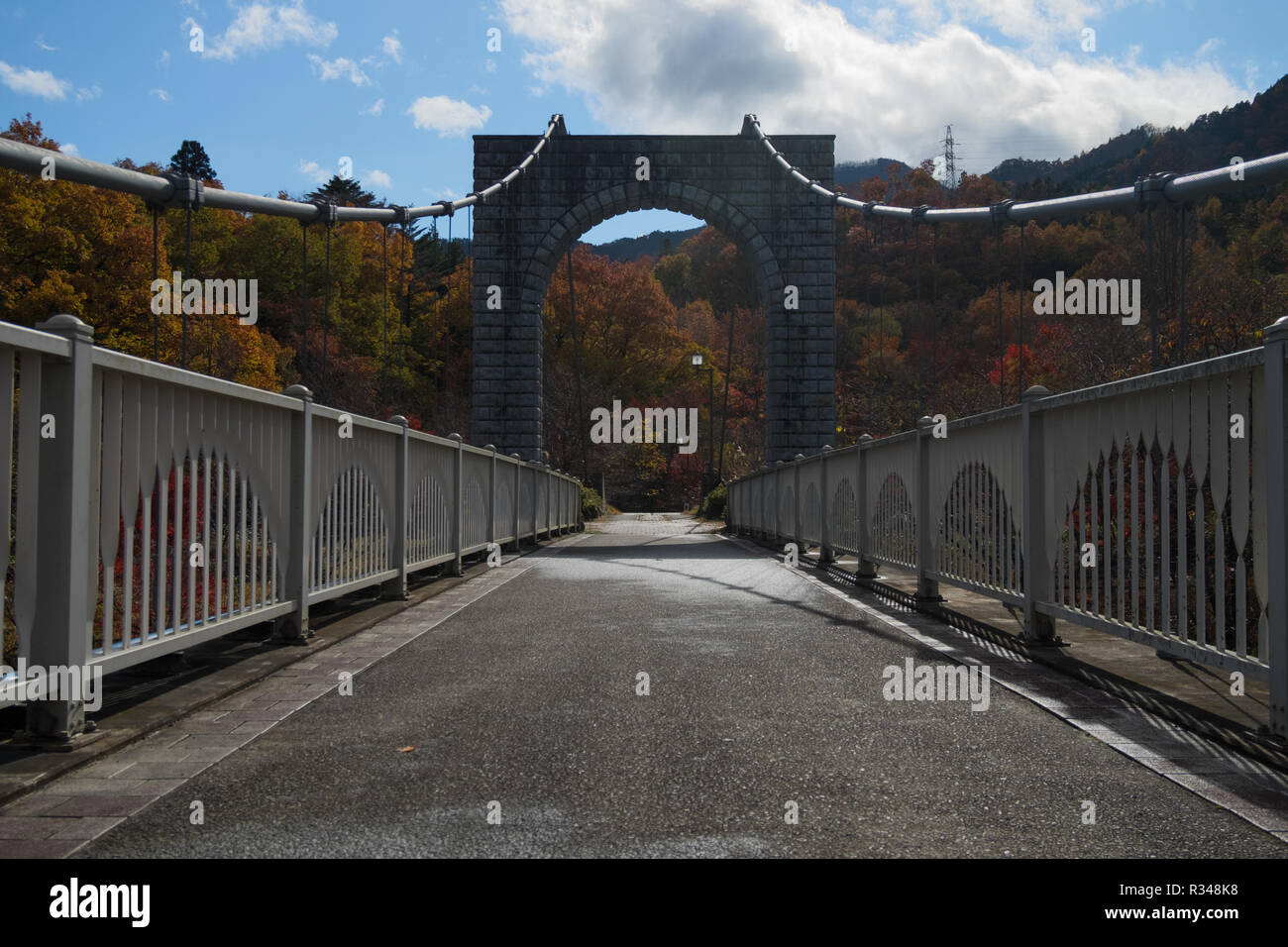 A pedestrian suspension bridge crossing the Daiya river in Nikko, Japan ...