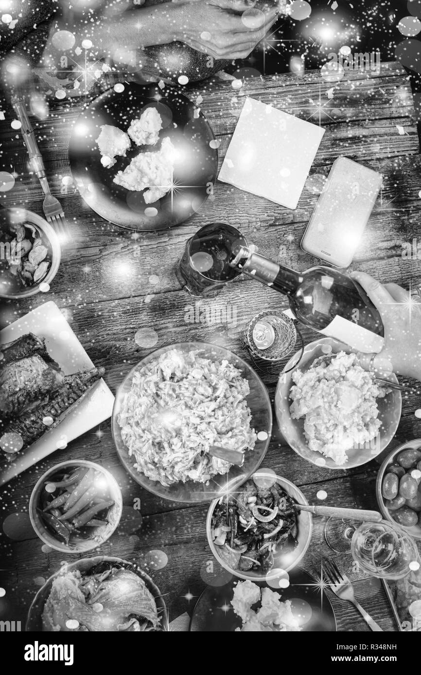 Christmas holiday dinner background Black and White Stock Photos ...