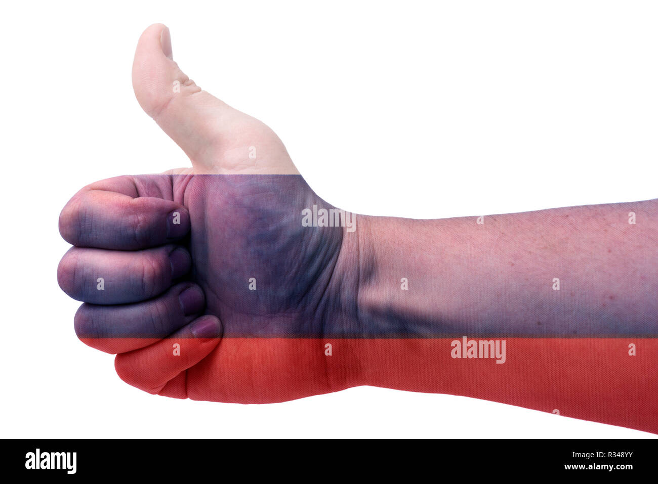 The concept of Russia-hand raises thumb up with the flag of Russia ...