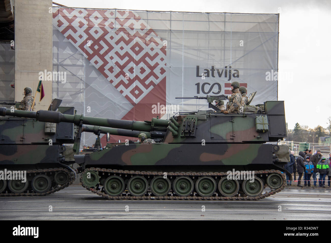 November 18, 2018. NATO tanks and soldiers at military parade in Riga ...