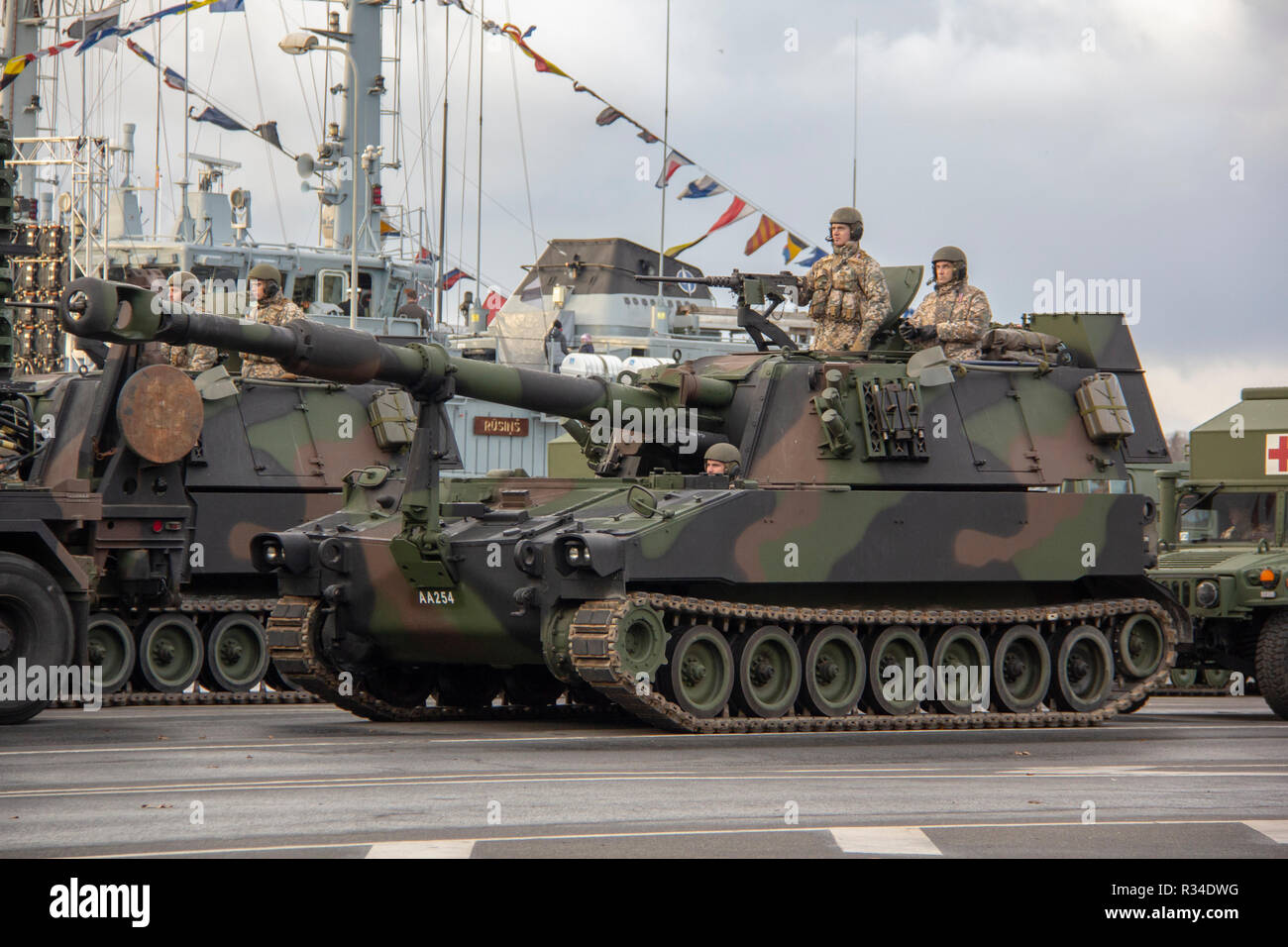 November 18, 2018. NATO tanks and soldiers at military parade in Riga ...