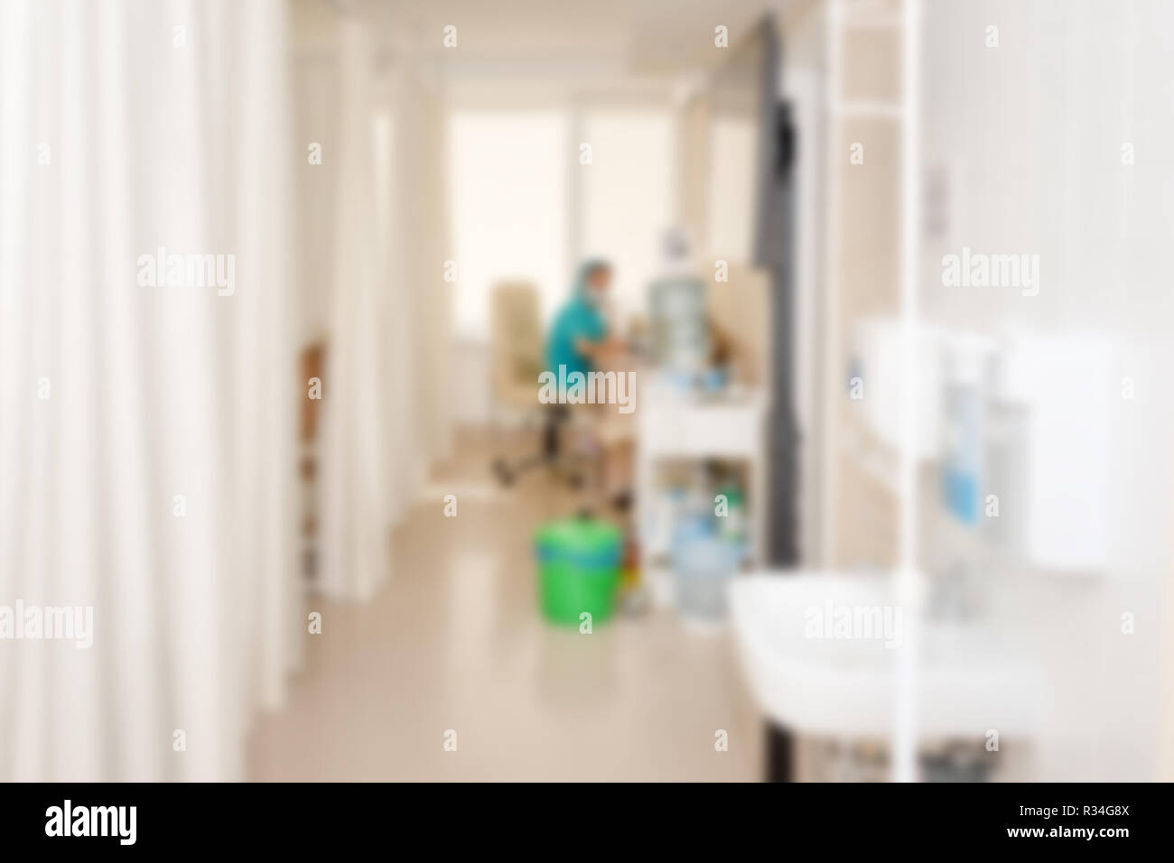 Patient room blurred background in clinic. Hospital ward with beds and ...