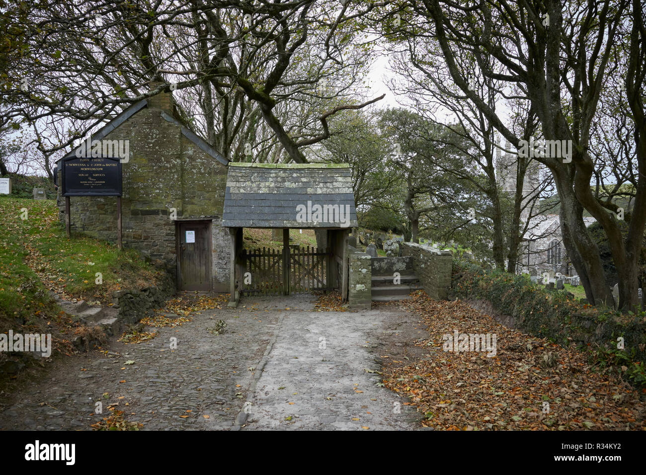 Lychgate and steps at the Church of St Morwenna and St John the Baptist ...